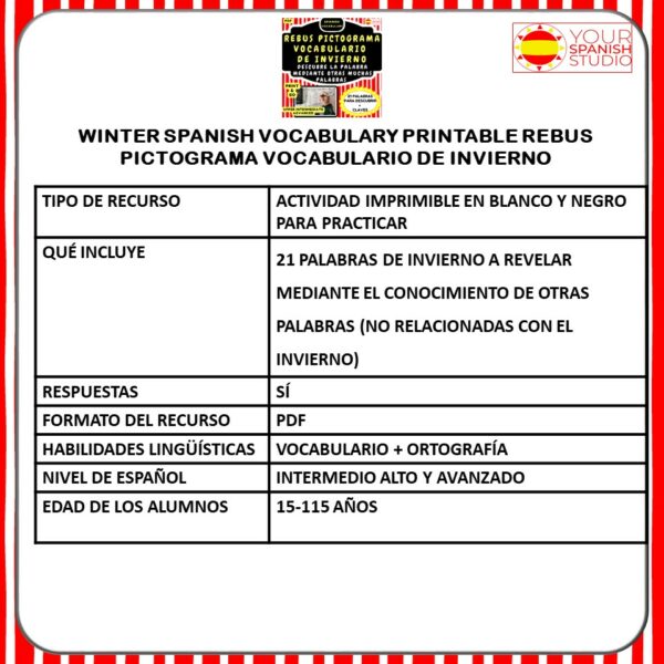 WINTER SPANISH VOCABULARY PRINTABLE REBUS PICTOGRAMA VOCABULARIO DE ...