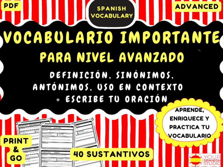 ADVANCED SPANISH VOCABULARY PRINT&GO 40 NOUNS DEFINITIONS SYNONYMS ...