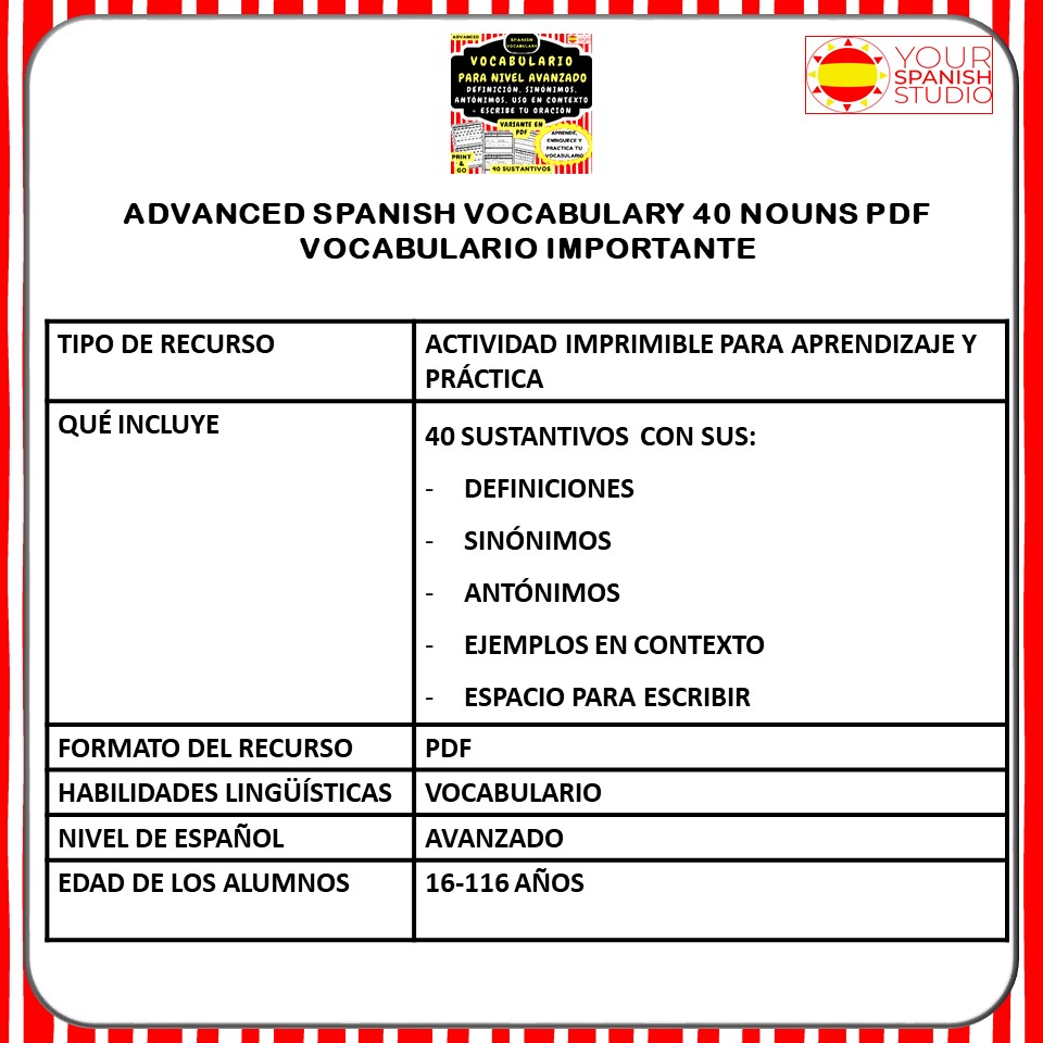 ADVANCED SPANISH VOCABULARY PRINT&GO 40 NOUNS DEFINITIONS SYNONYMS ...