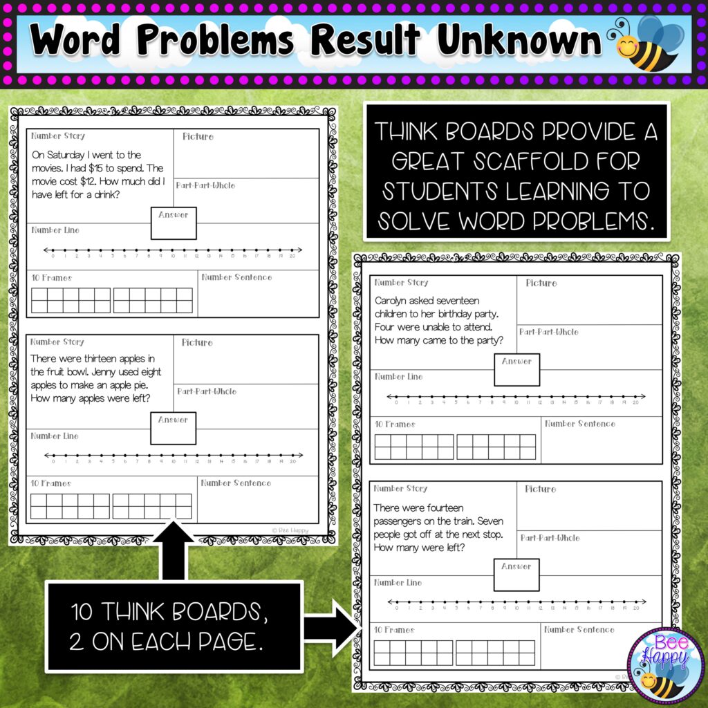 Subtraction Word Problems Within 20 | Result Unknown | Think Boards ...