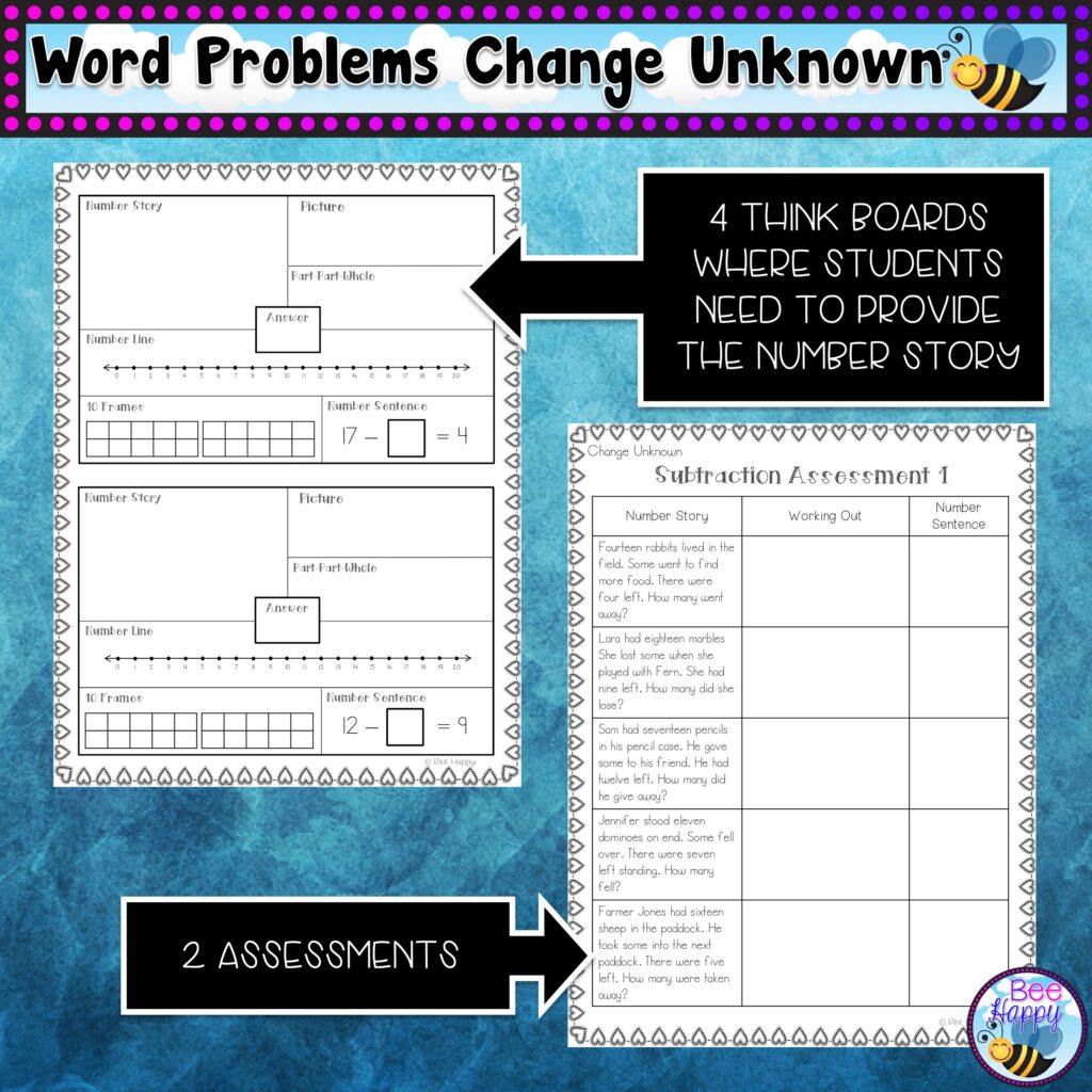 Subtraction Word Problems Within 20 | Change Unknown | Think Boards ...
