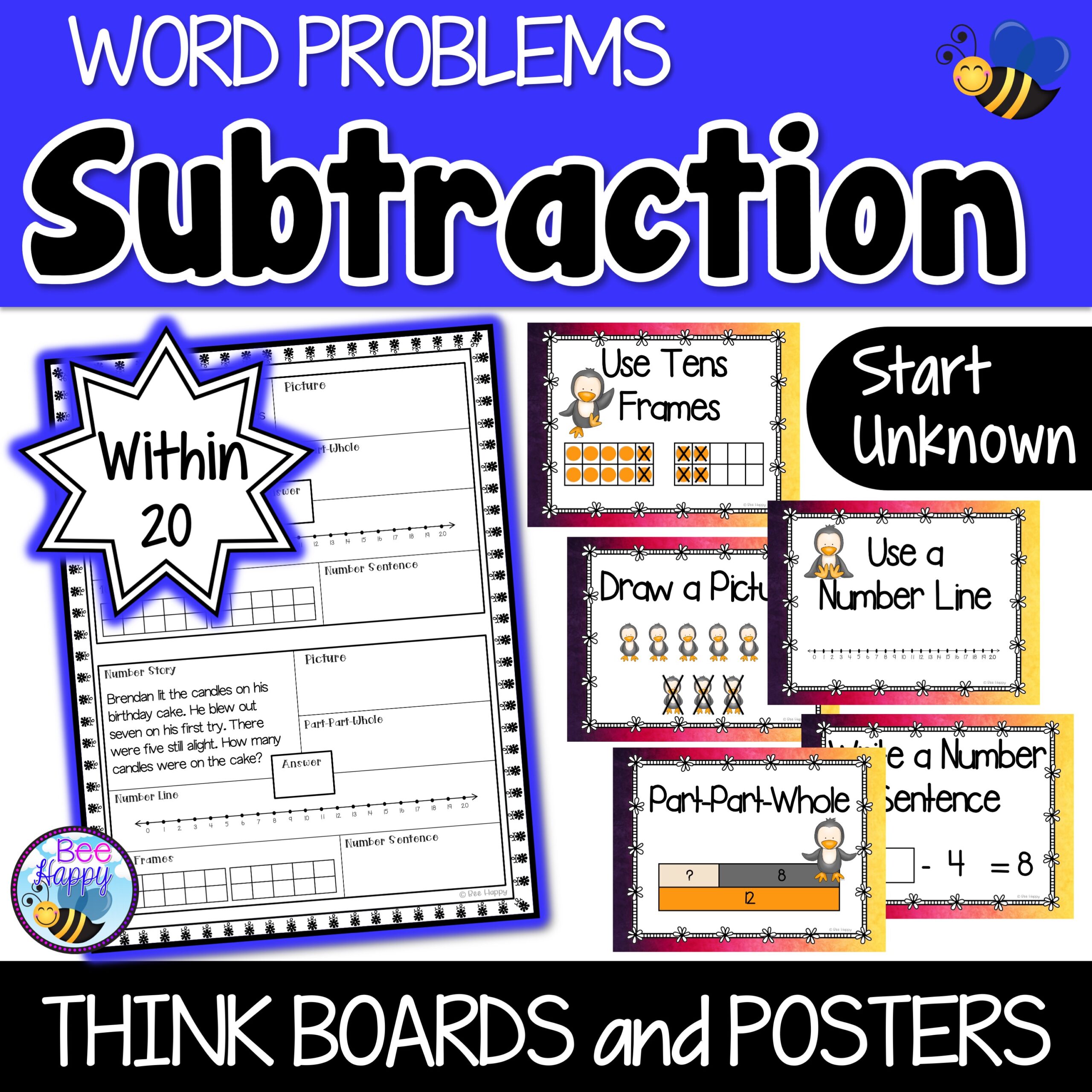 Subtraction Word Problems Within 20 | Start Unknown | Think Boards ...