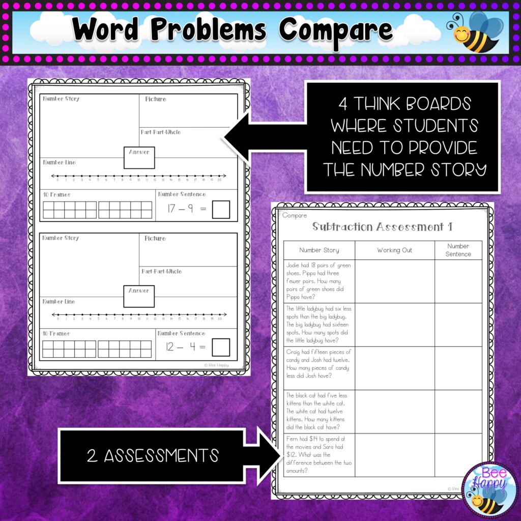 Subtraction Word Problems Within 20 | Compare | Think Boards & Posters ...