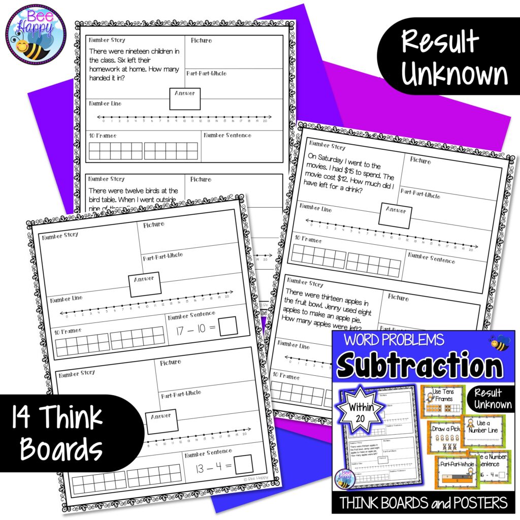 Subtraction Word Problems Within 20 | Think Boards & Posters | Bundle ...