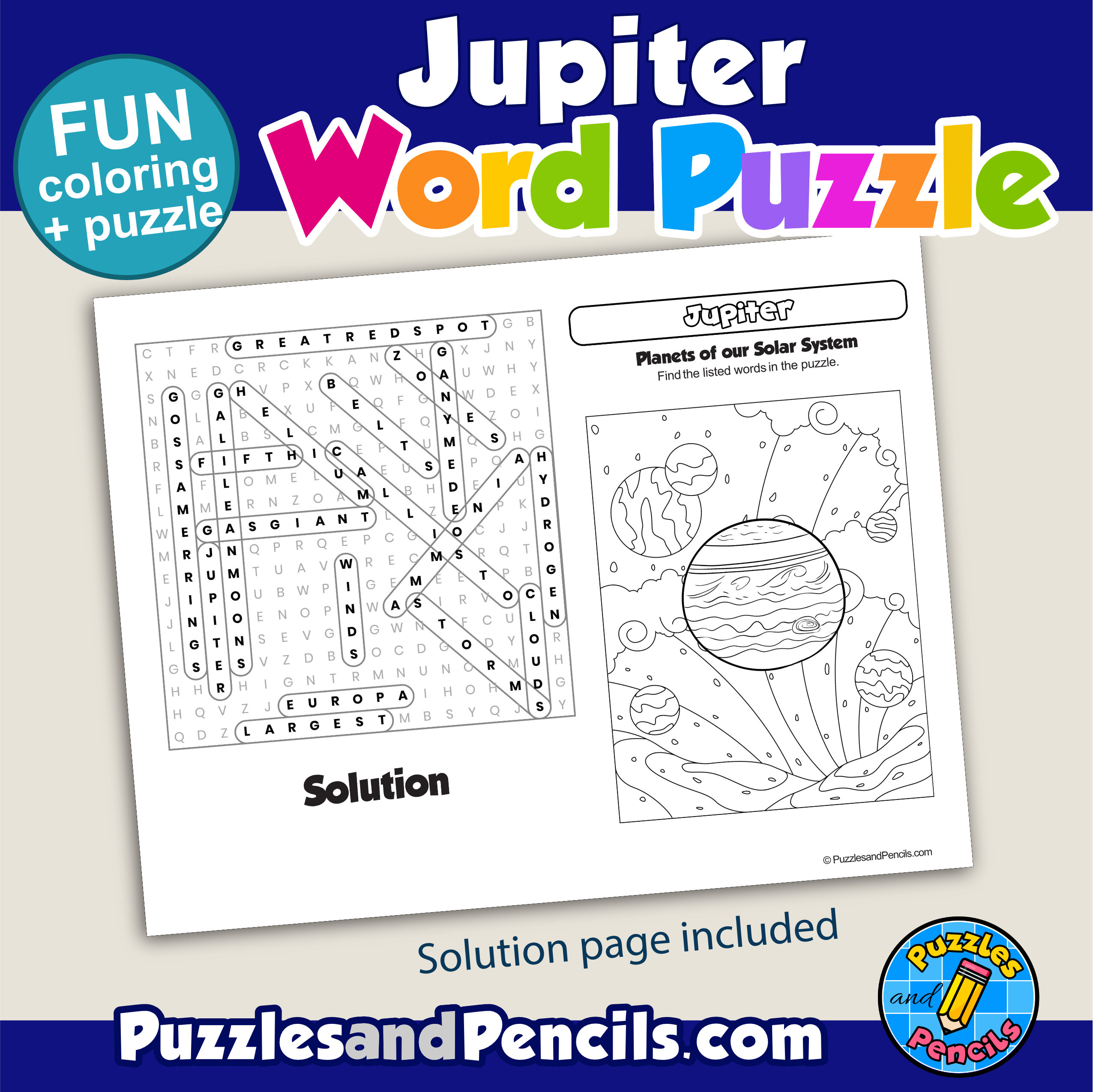 Jupiter Word Search Puzzle Activity Page | Planets & Solar System ...