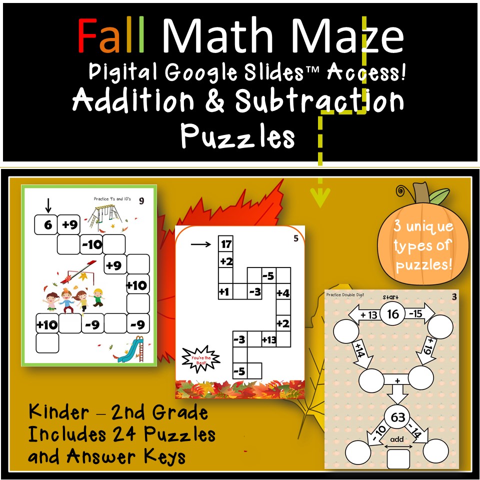 Autumn/ Fall | Math Maze Puzzles | Add & Subtract | 24 puzzles | Google ...