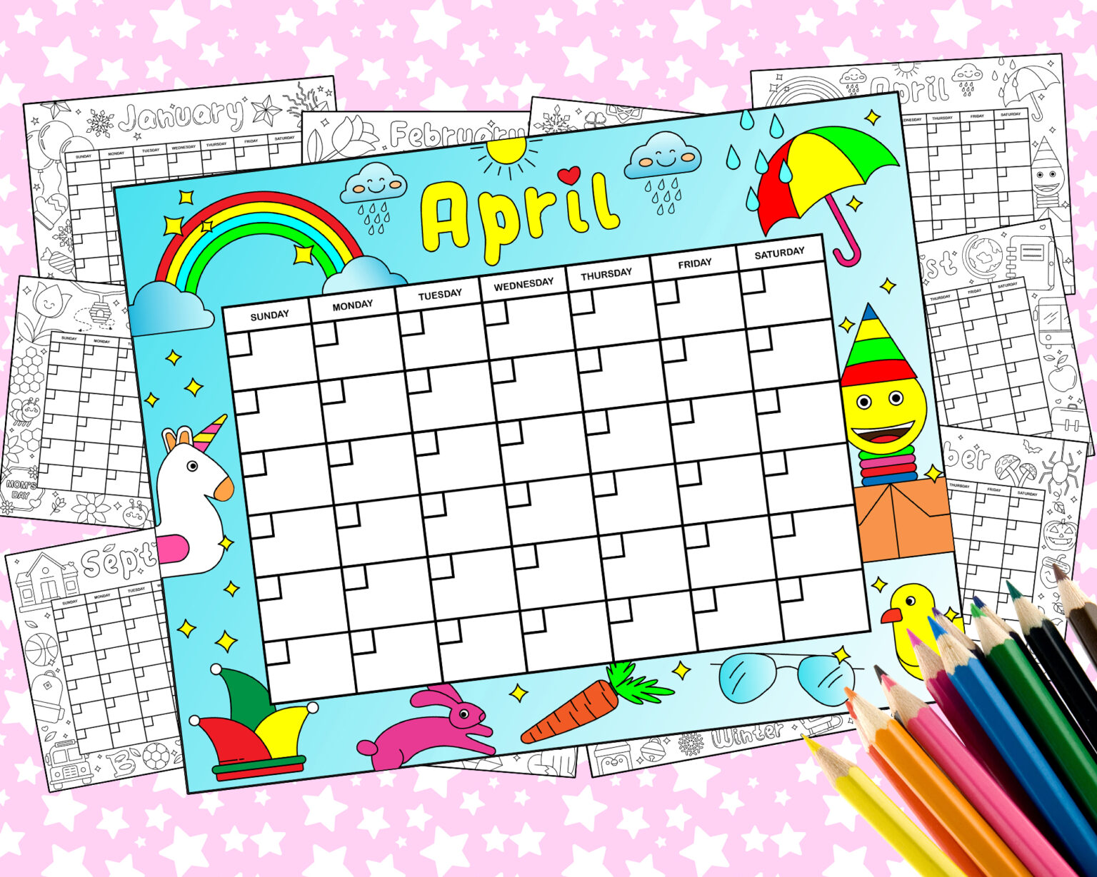 PDF 12 Months Kawaii Kids Coloring Perpetual Calendar, Printable Cute ...