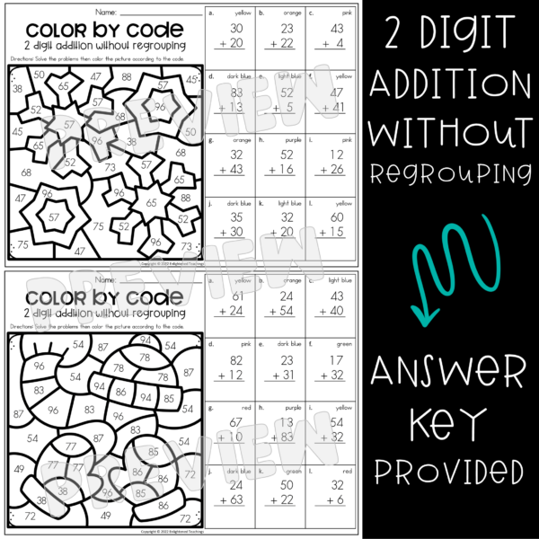 Winter 2 Digit Addition without Regrouping Worksheets Color by Code ...