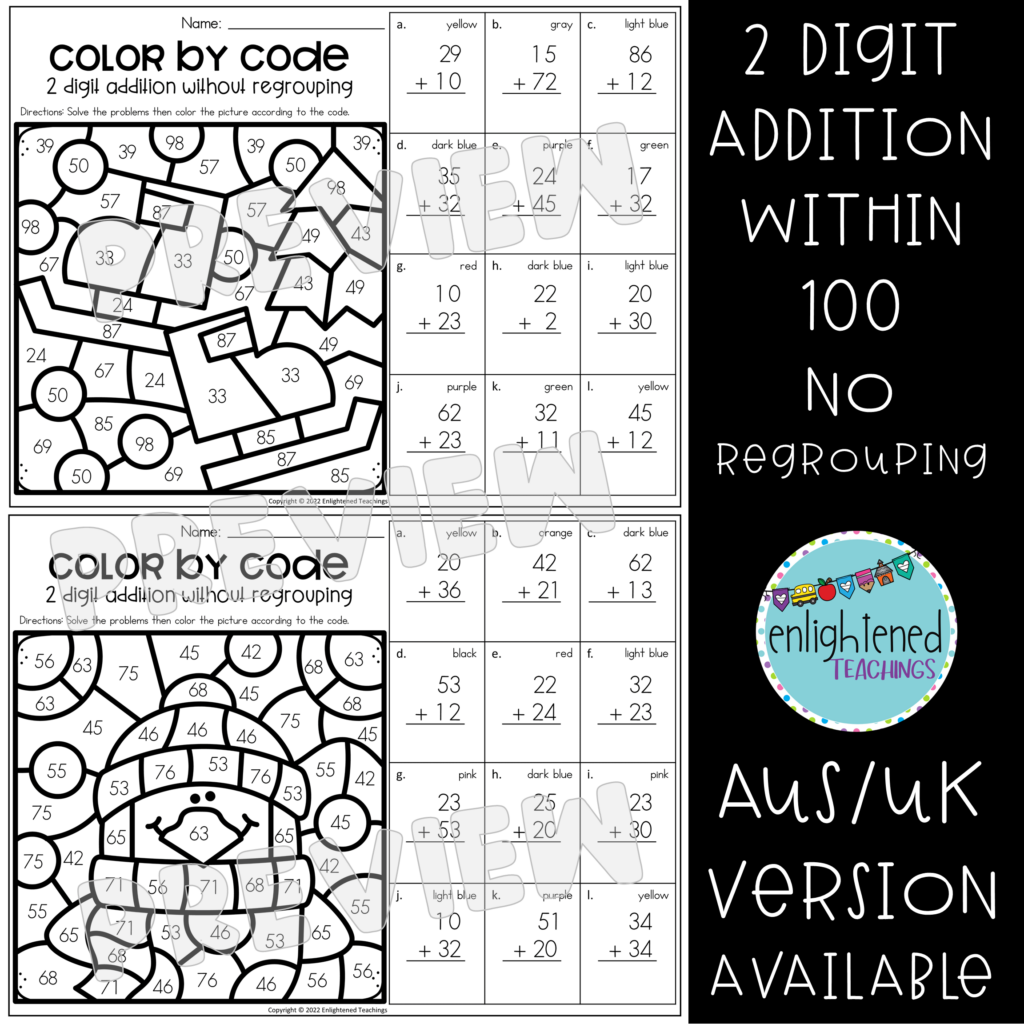 Winter 2 Digit Addition without Regrouping Worksheets Color by Code ...