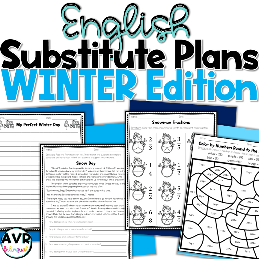 Winter Emergency Sub Plans | Bilingual Bundle | 3rd Grade | Spanish ...