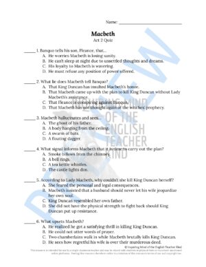 Macbeth Act 2 Quiz and Answer Key | Made By Teachers