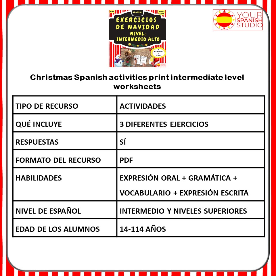 Christmas Spanish activities print intermediate level worksheets | Made ...