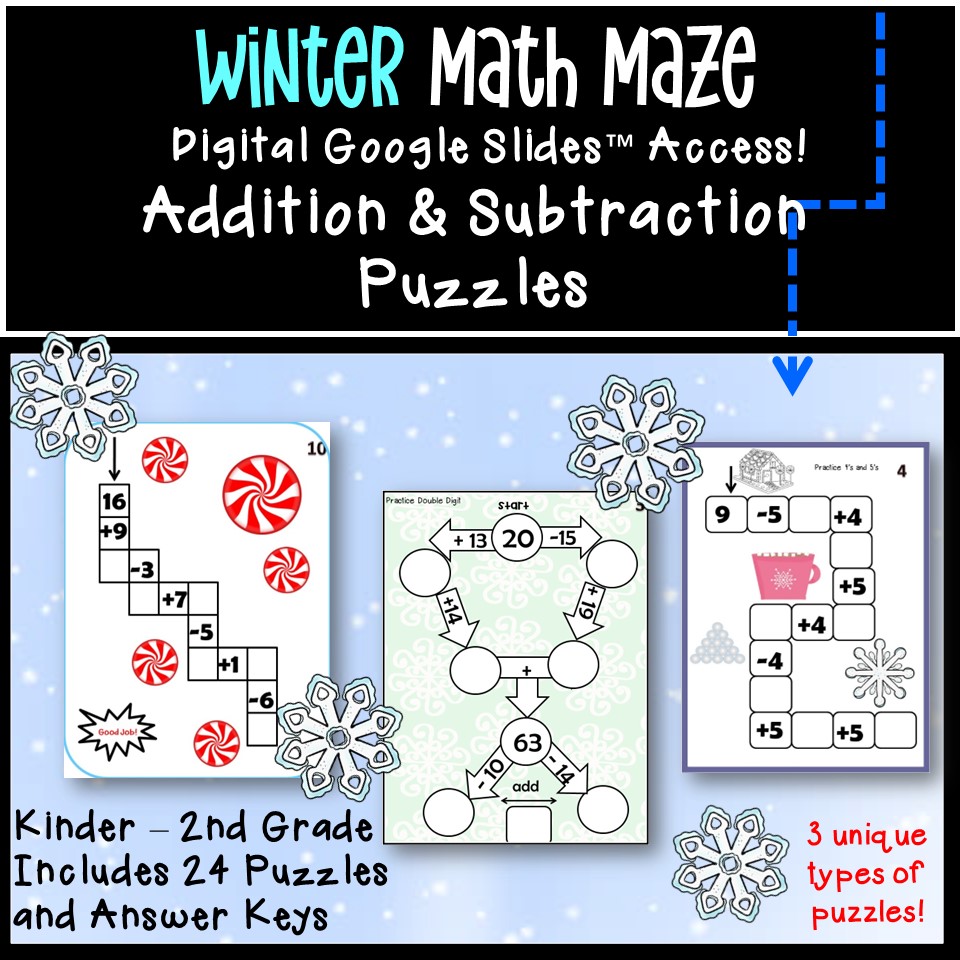 Winter | Math Maze Puzzles | Add & Subtract | 24 puzzles | Google ...