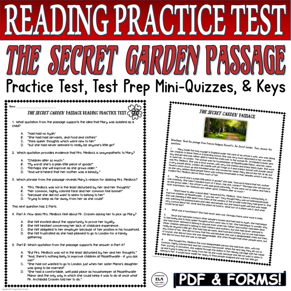 Reading Test Prep PRACTICE TEST Standardized Test The Secret Garden ...