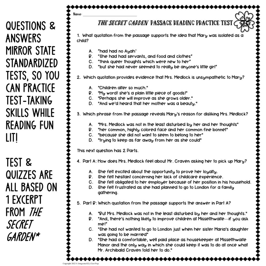 Reading Test Prep PRACTICE TEST Standardized Test The Secret Garden ...