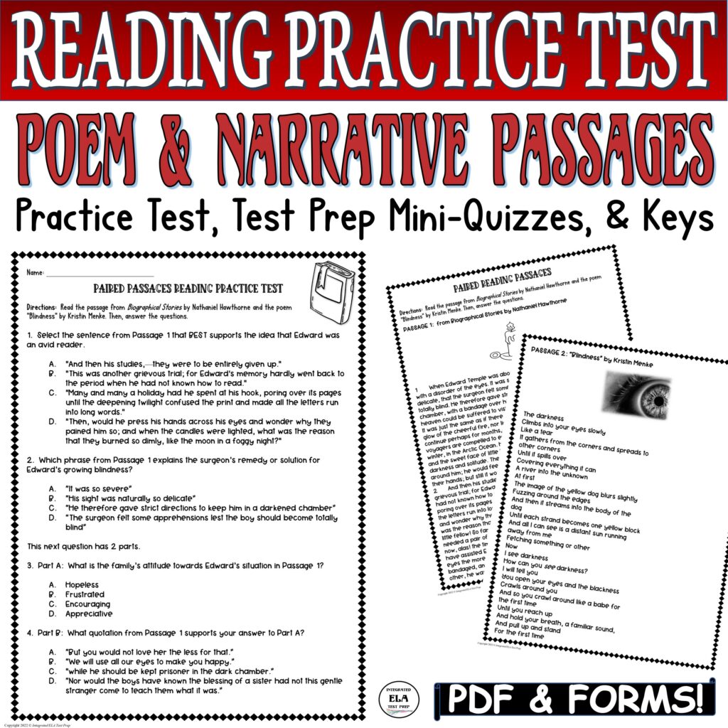 Reading Test Prep PRACTICE TEST Standardized Test Paired Passages ...