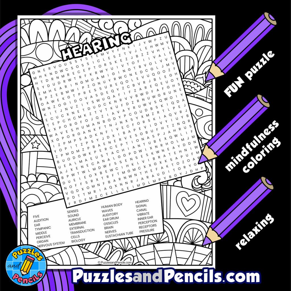 Sense of Hearing Word Search Puzzle Activity Page | Five Senses ...
