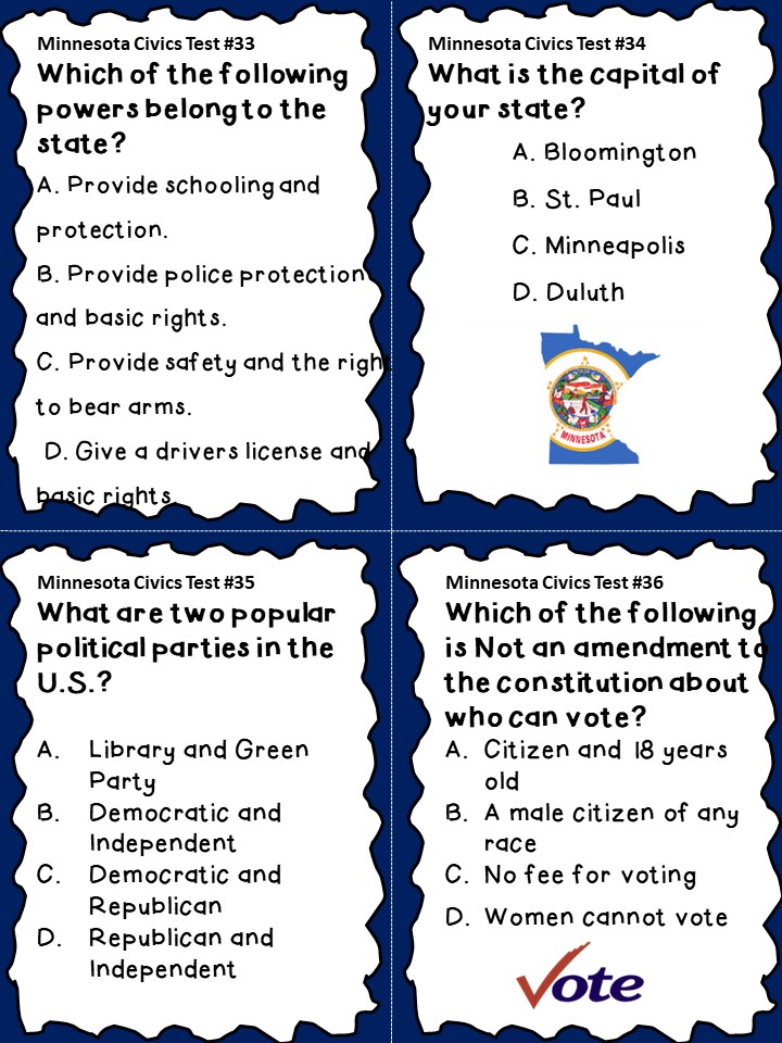 Minnesota Civics Test | 9th Grade High School Exam | 52 Task Cards ...