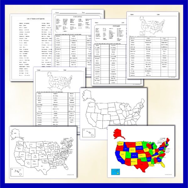 U.S. States & Capitals Worksheets, Test Sheets, Maps - U.S. Geography ...