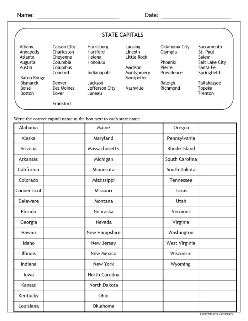 U.S. States & Capitals Worksheets, Test Sheets, Maps - U.S. Geography ...