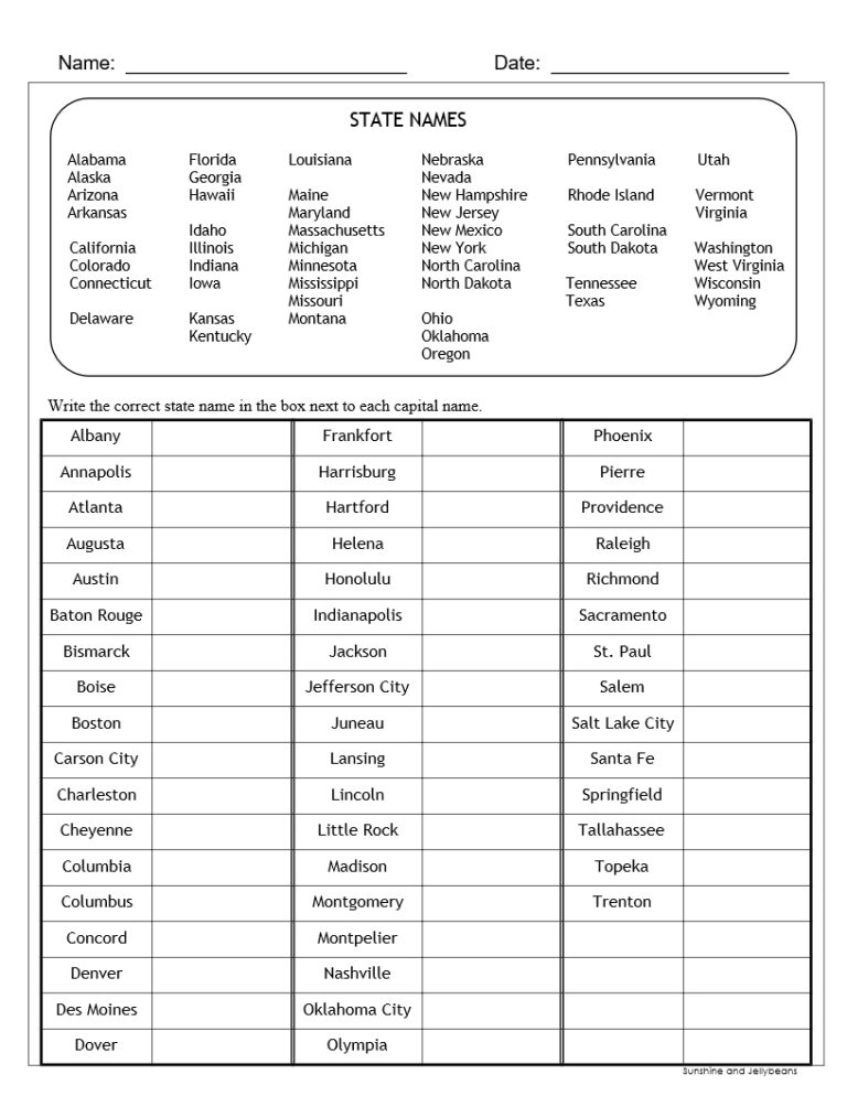 U.S. States & Capitals Worksheets, Test Sheets, Maps - U.S. Geography ...