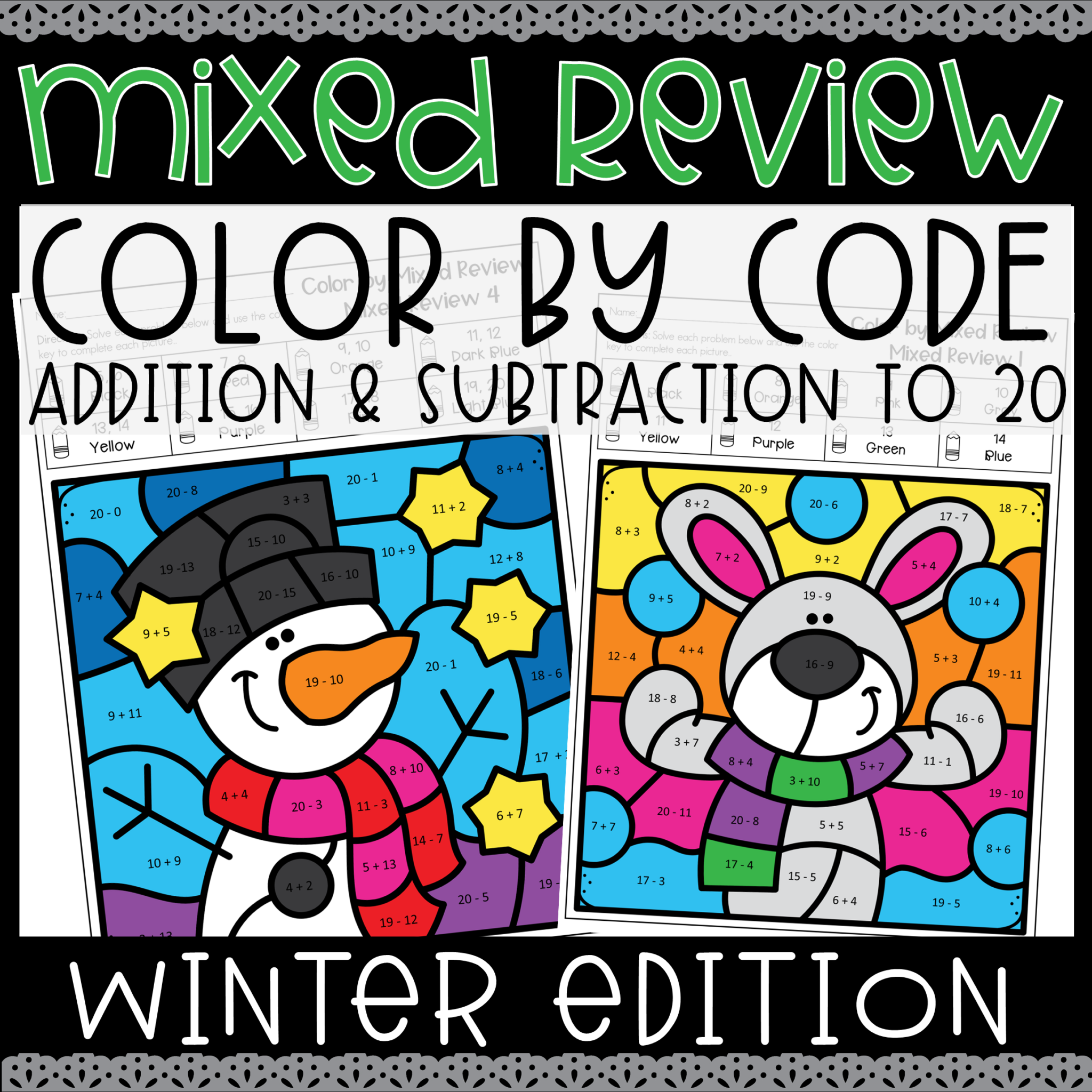 Winter Mixed Review Addition & Subtraction 20 Color by Code NO PREP ...