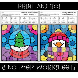 Winter Mixed Review Addition & Subtraction 20 Color by Code NO PREP ...