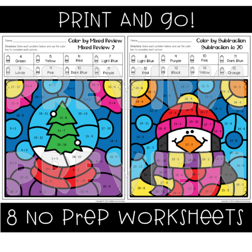 Winter Mixed Review Addition & Subtraction 20 Color by Code NO PREP ...