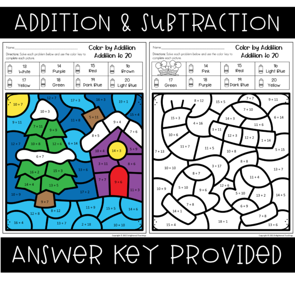 Winter Mixed Review Addition & Subtraction 20 Color by Code NO PREP ...