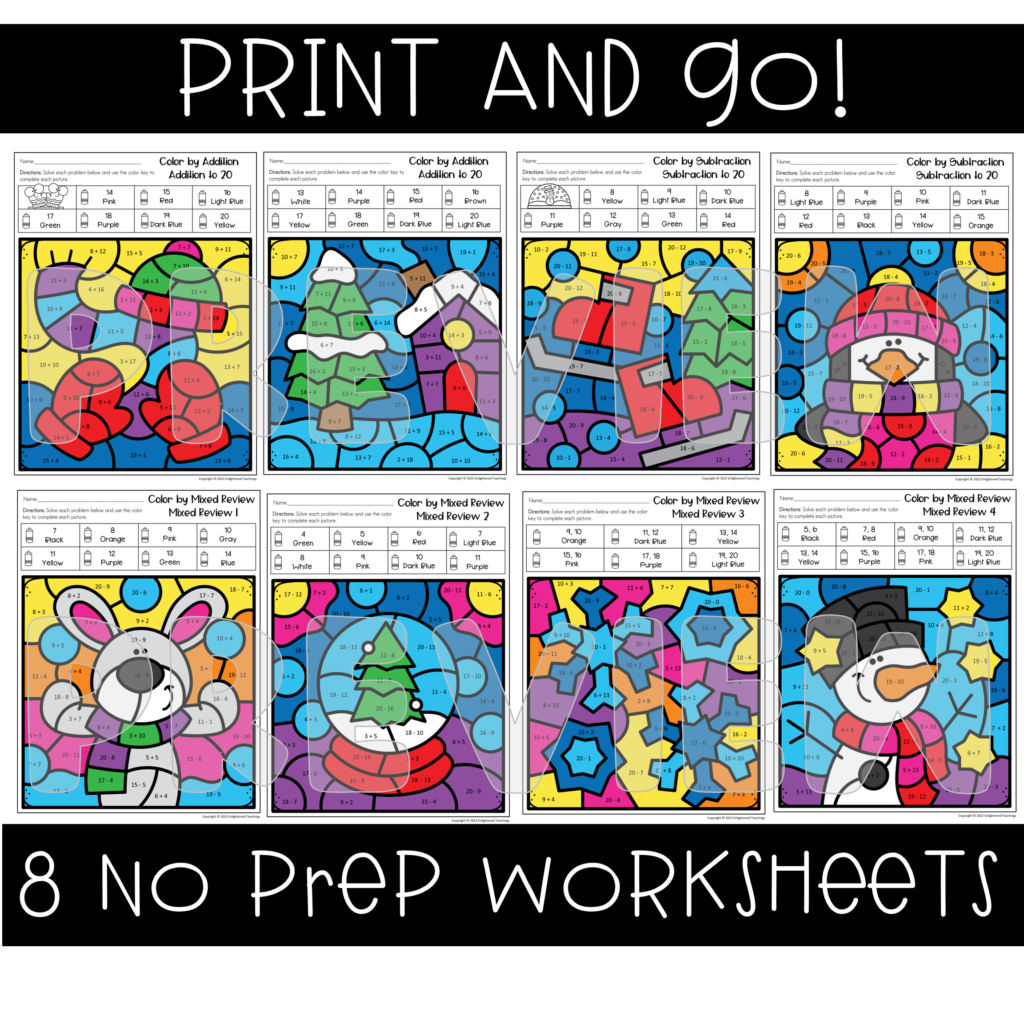 Winter Mixed Review Addition & Subtraction 20 Color by Code NO PREP ...