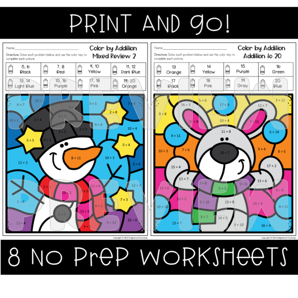 Winter Addition to 20 Color by Code Number NO PREP Coloring Worksheets ...