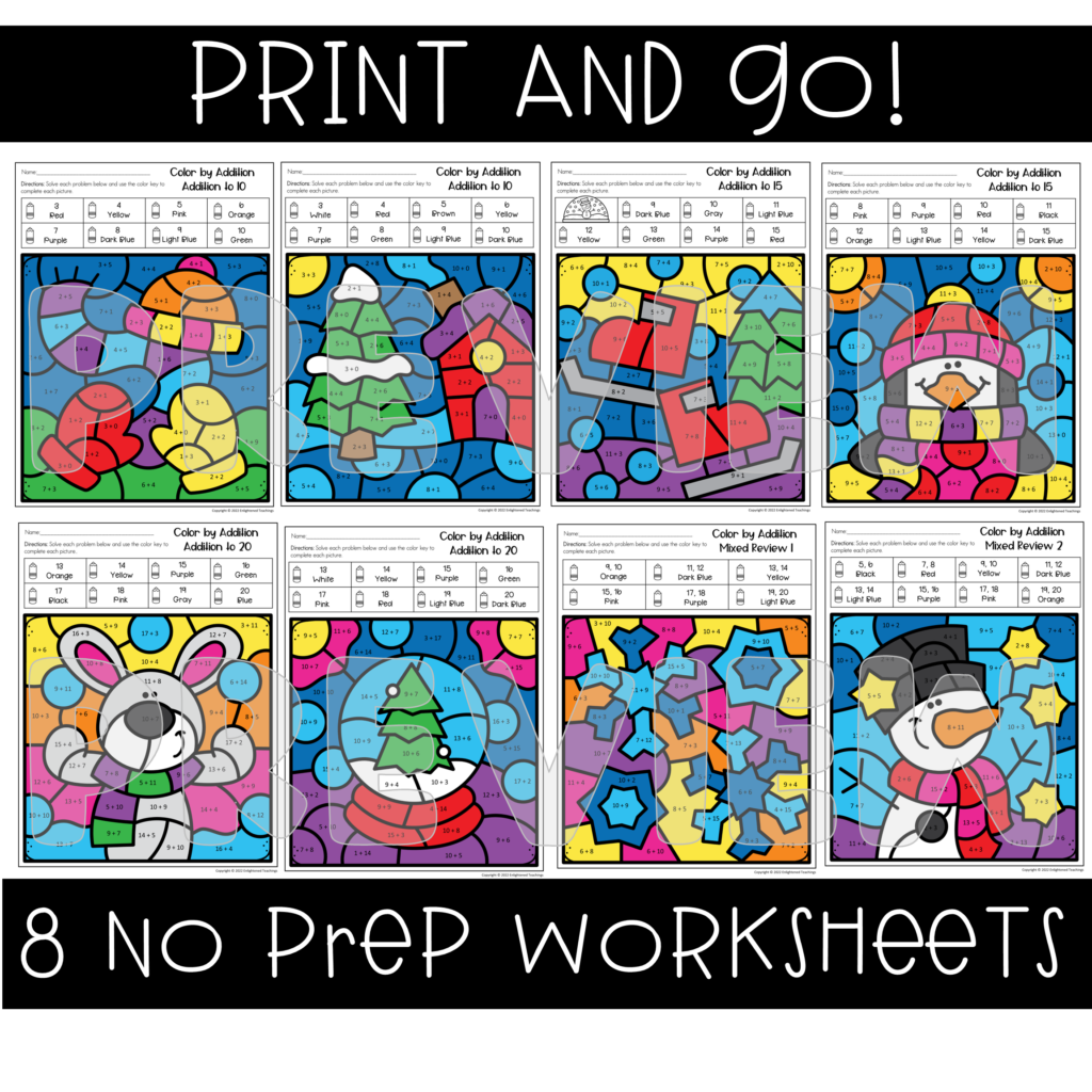 Winter Addition to 20 Color by Code Number NO PREP Coloring Worksheets ...