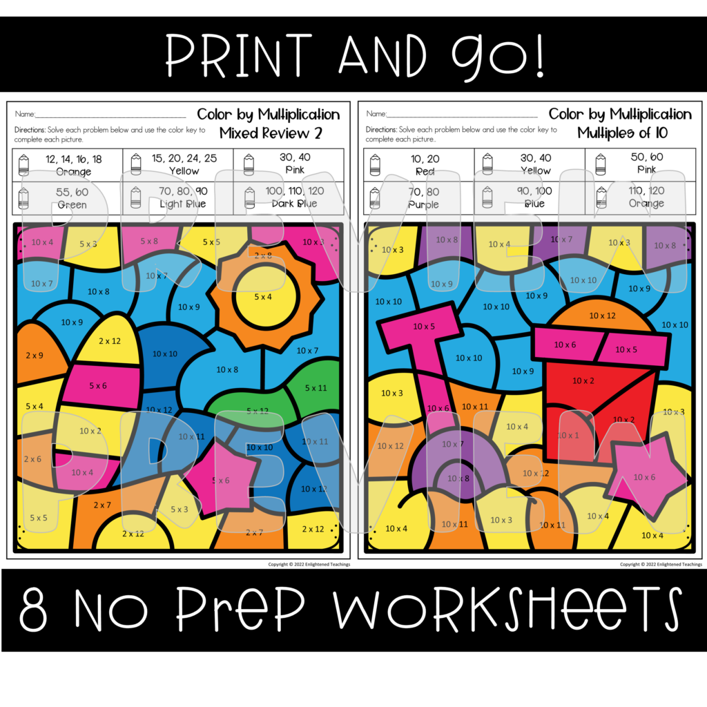 Summer Multiplication Color by Code Number NO PREP Coloring Worksheets ...