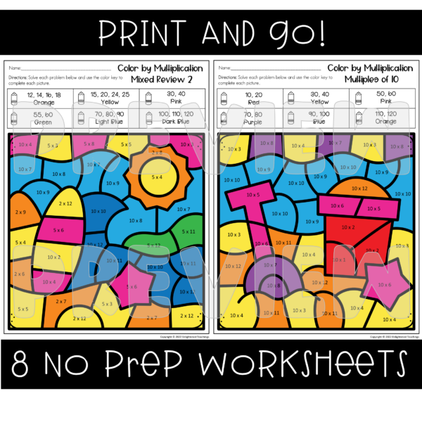 Summer Multiplication Color by Code Number NO PREP Coloring Worksheets ...