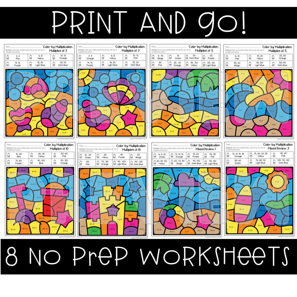 Summer Multiplication Color by Code Number NO PREP Coloring Worksheets ...