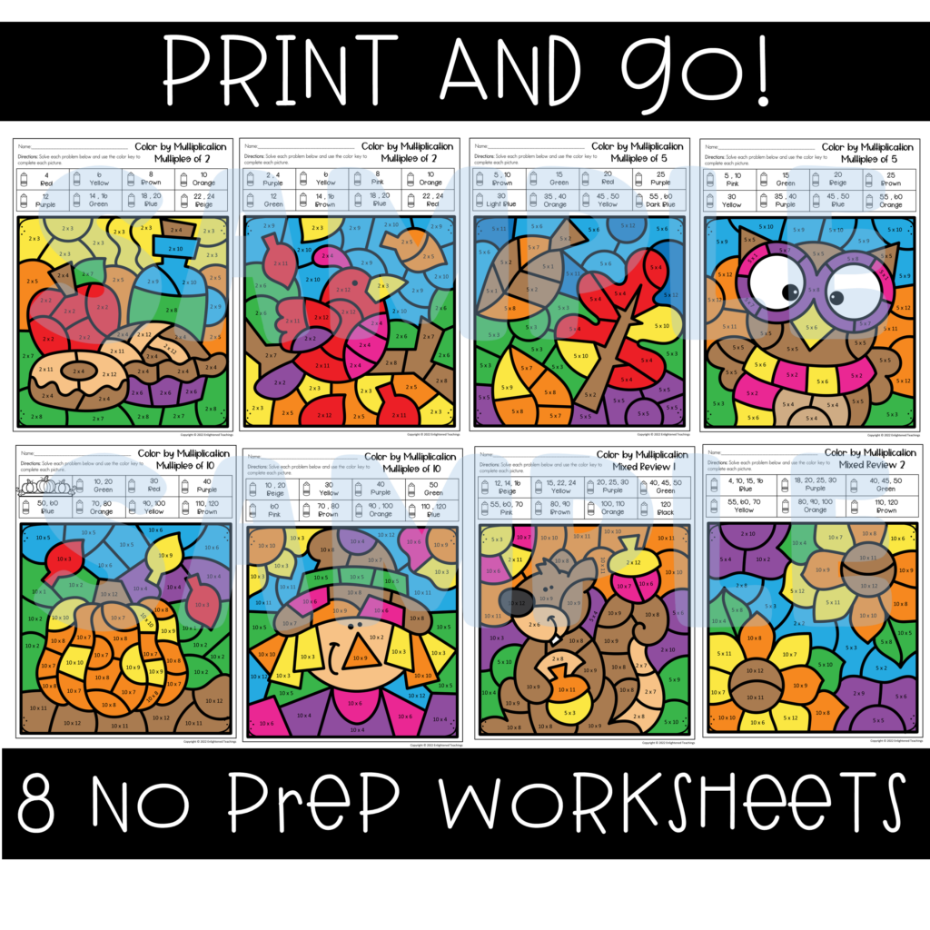 Multiplication Color by Code Number NO PREP Coloring Worksheets ...