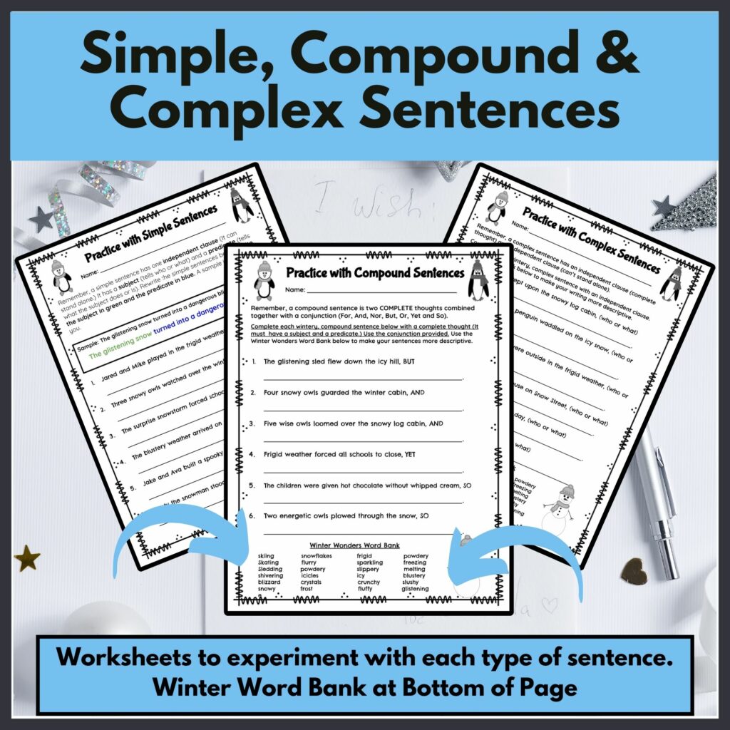 Winter Sentences Printables Simple, Compound,Complex Sentence Structure ...
