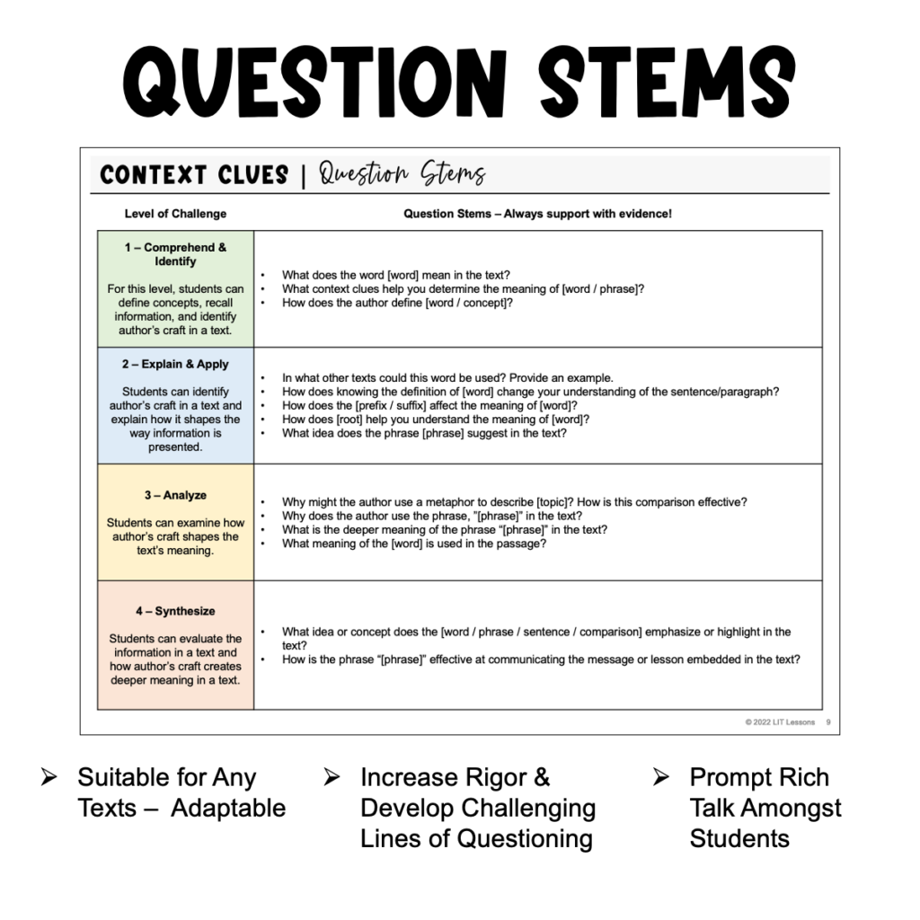 Question Stems Higher Order Thinking Literature & Informational Texts ...