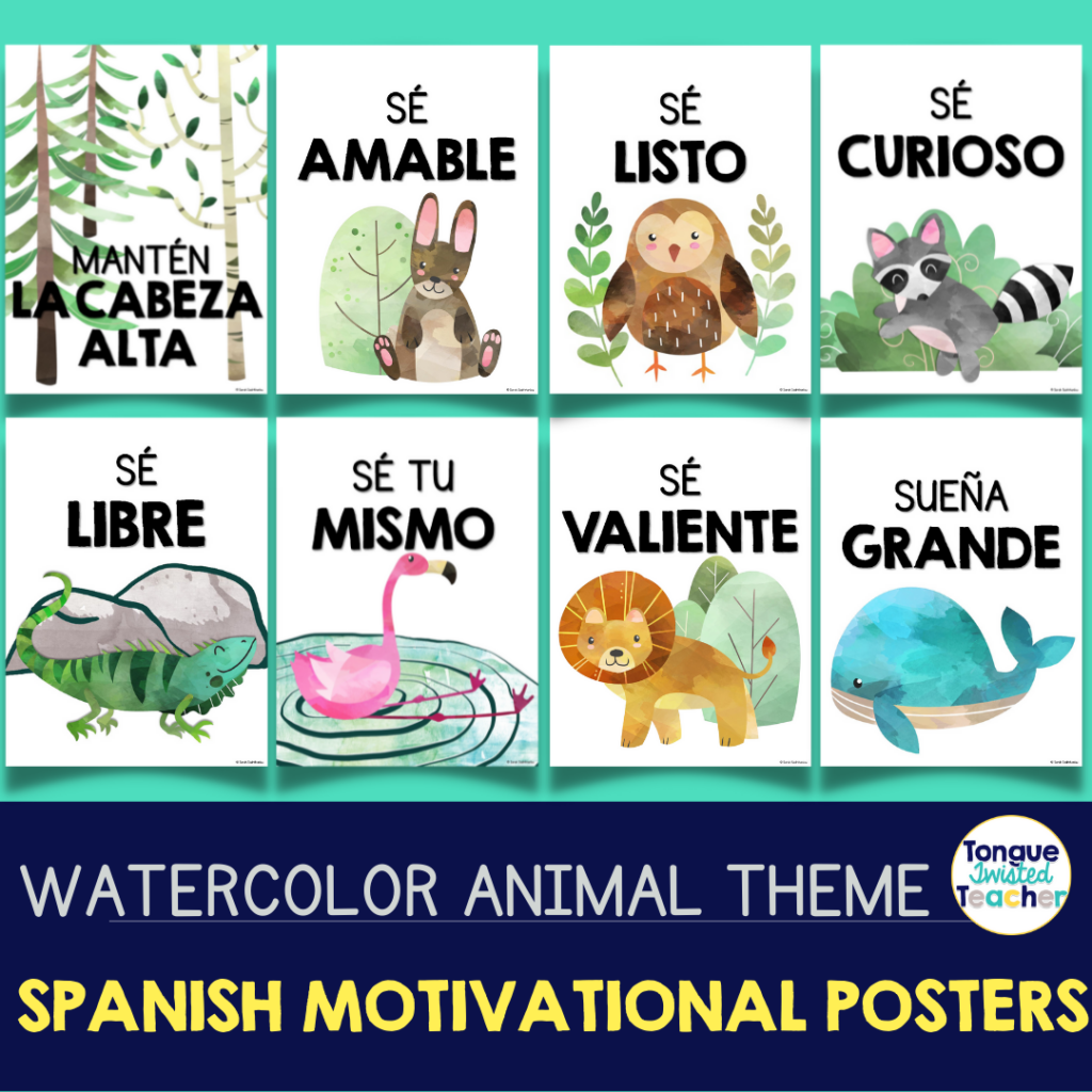 Motivational Posters in Spanish Watercolor Animals - Made By Teachers