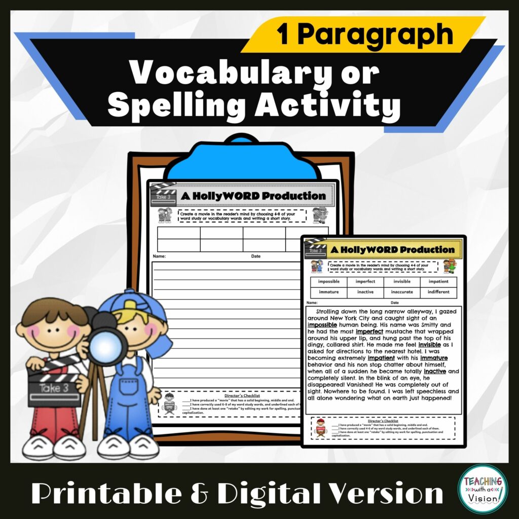 Vocabulary Worksheets, Paragraph Writing, Spelling Activity for Any ...