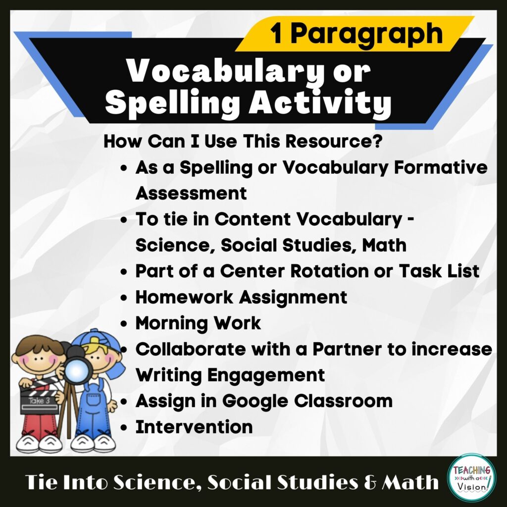 Vocabulary Worksheets, Paragraph Writing, Spelling Activity for Any ...