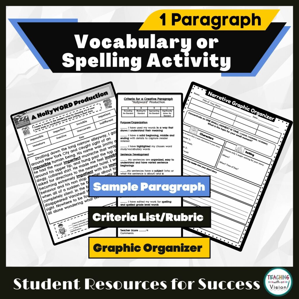Vocabulary Worksheets, Paragraph Writing, Spelling Activity for Any ...