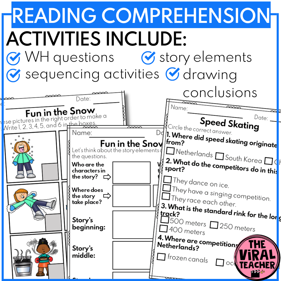 Winter Activities Winter Reading Passages with Comprehension Exercises ...