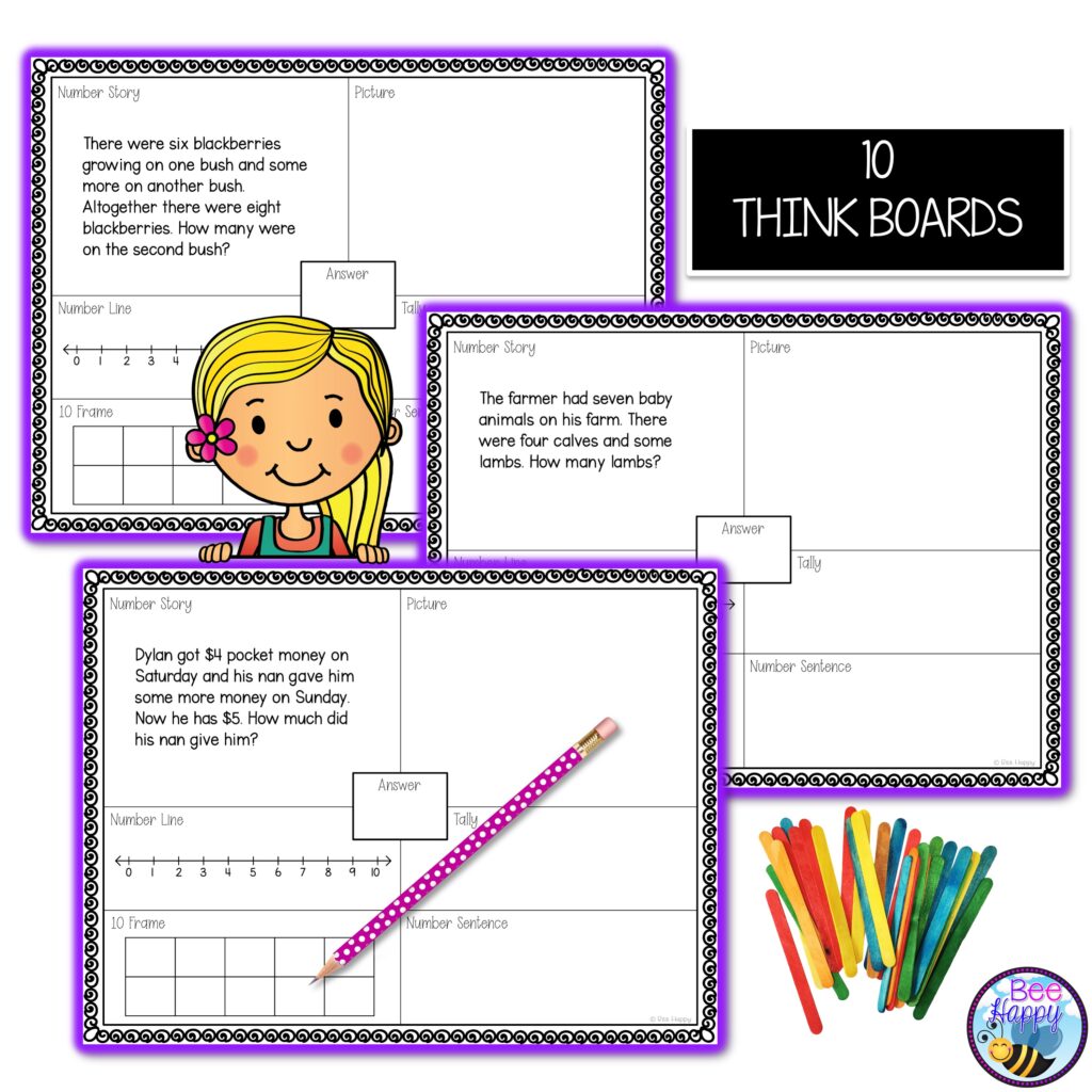 Addition Word Problems | Sums Within 10 | Change Unknown | Think Boards ...
