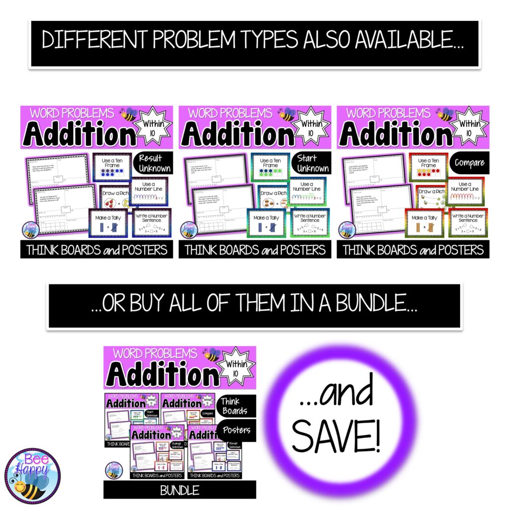 Addition Word Problems | Sums Within 10 | Change Unknown | Think Boards ...