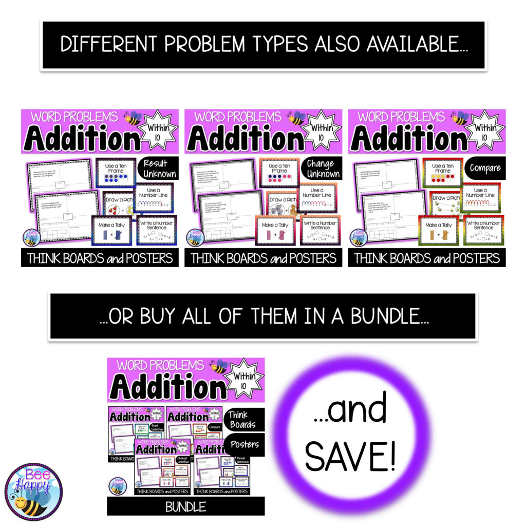 Addition Word Problems | Sums Within 10 | Start Unknown | Think Boards ...