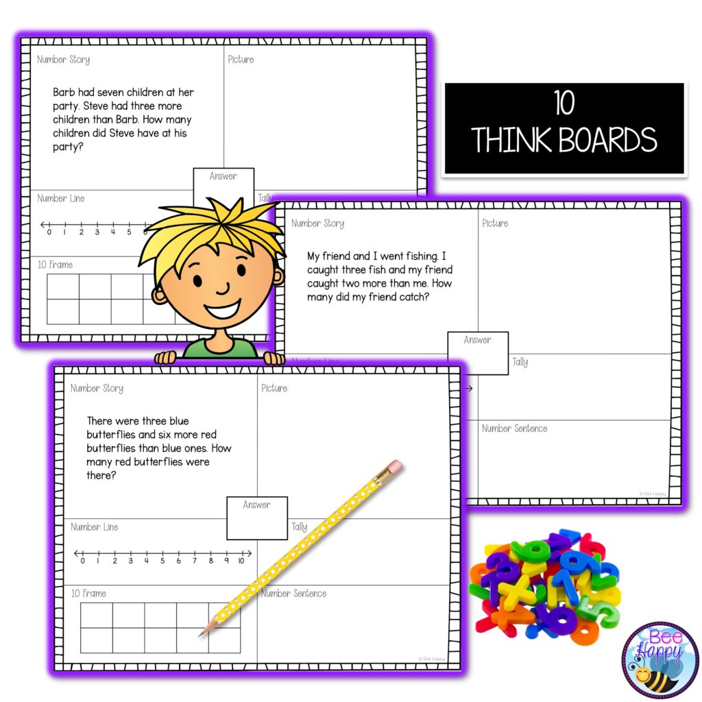 Addition Word Problems | Sums Within 10 | Compare | Think Boards and ...