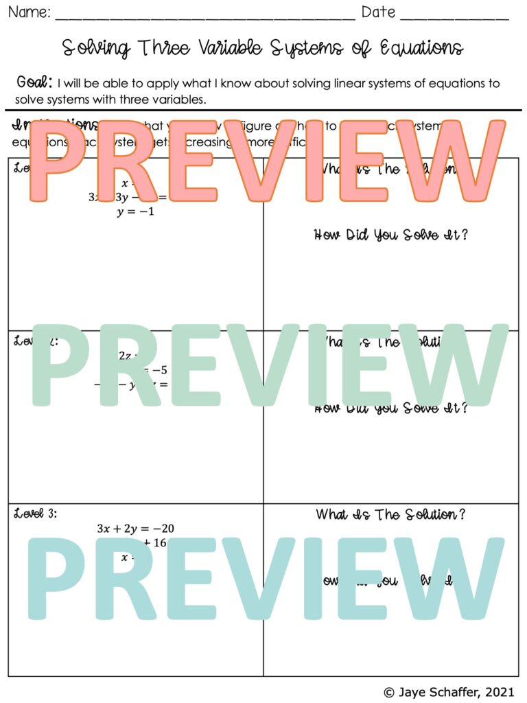 Algebra 2 Intro to Three Variable Systems Guided Notes Discovery ...