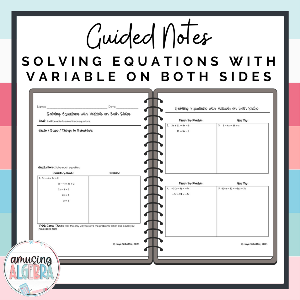 Algebra 1 Solving Equations With Variable on Both Sides Scaffolded ...