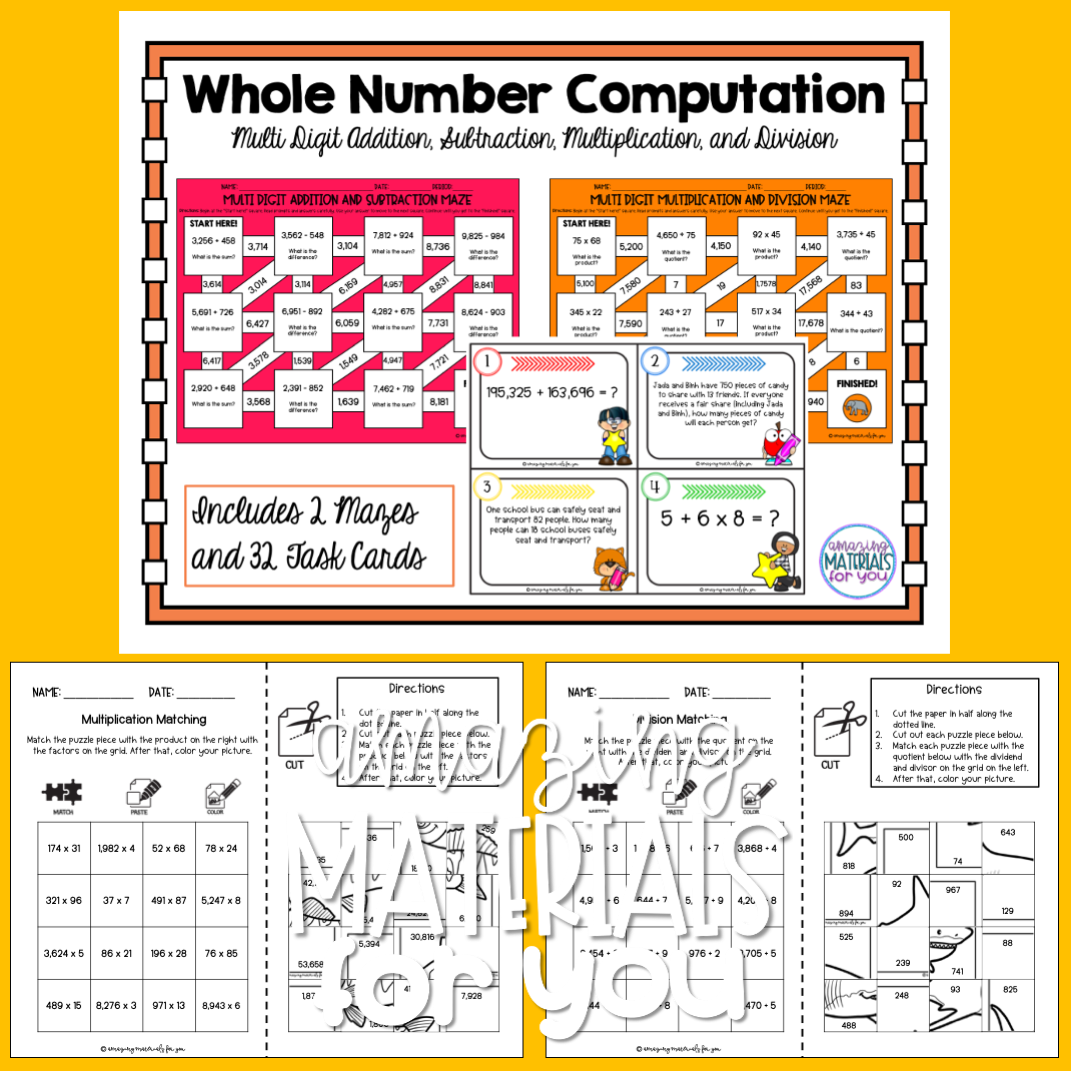Whole Number Operations | Puzzles, Mazes, Task Cards | Made By Teachers